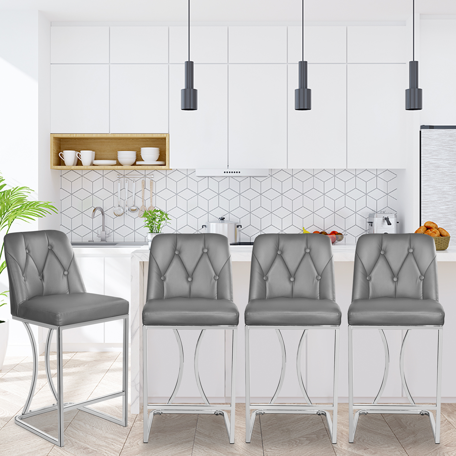 SeekFancy 24" Counter Height Bar Stools Set of 4, PU Leather Counter ...