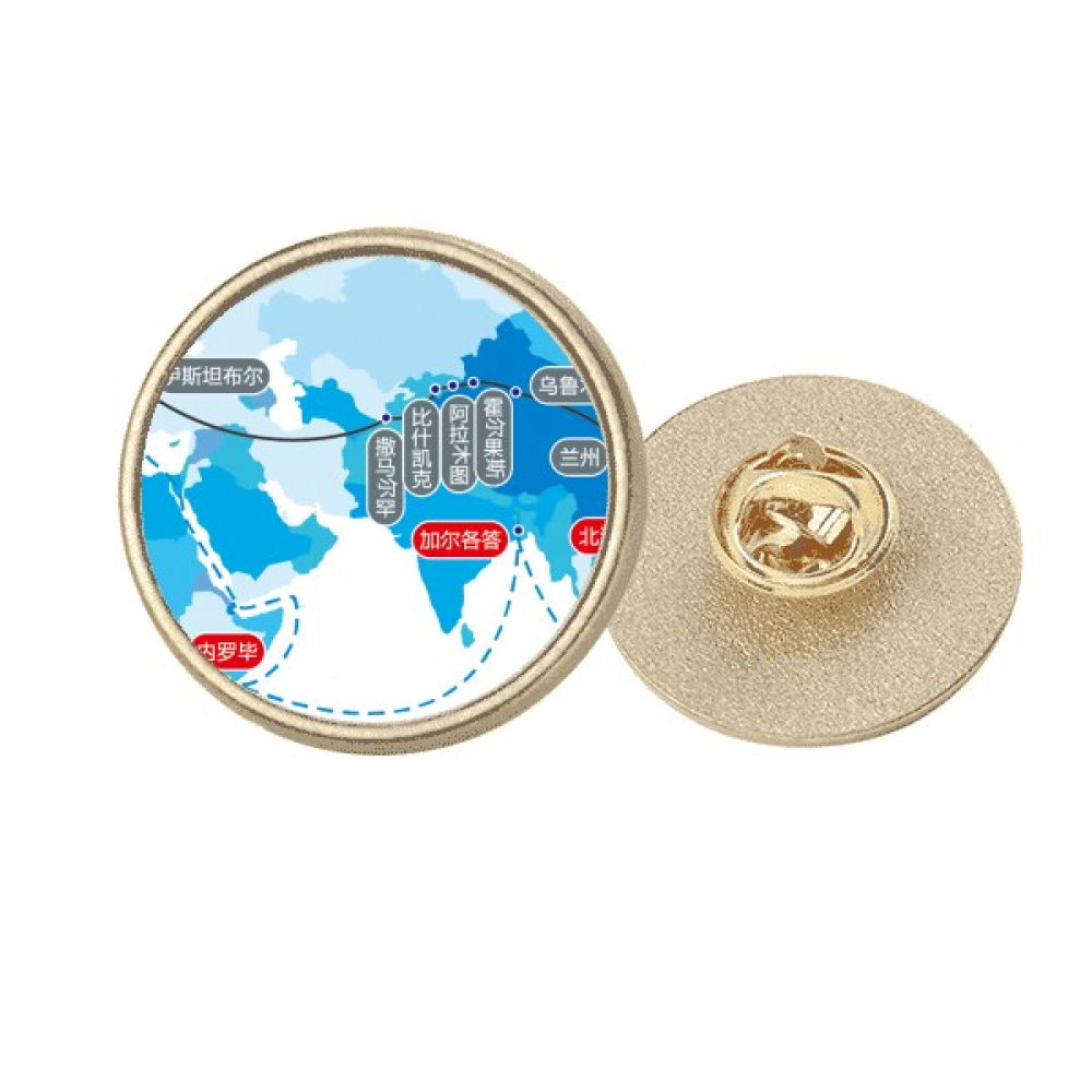 Diagrama vectorial viaje Silk Road Map Broche de oro metálico circular ...