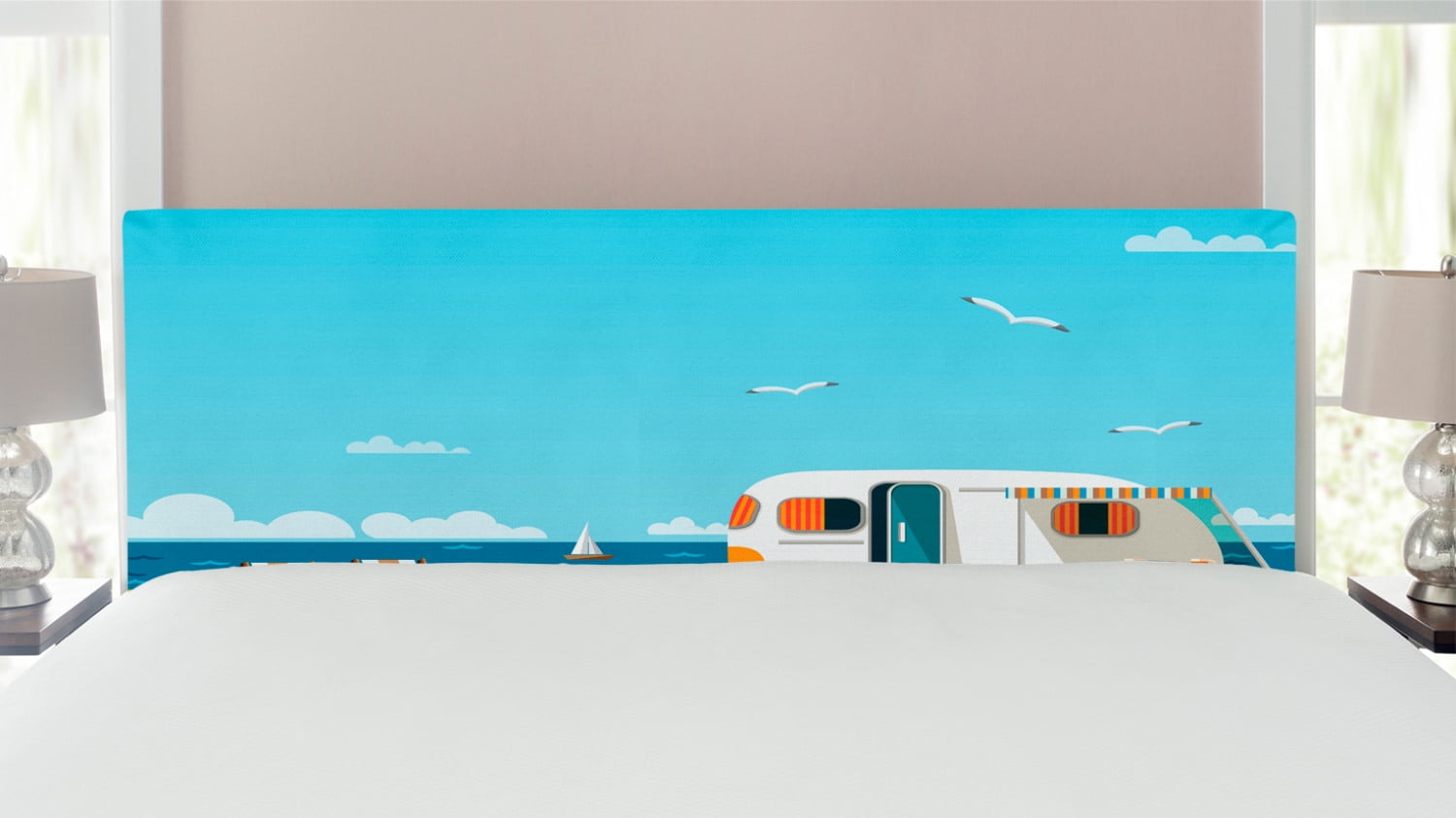 Seaside Headboard, Illustration of Summertime Caravan Coastline Clouds ...