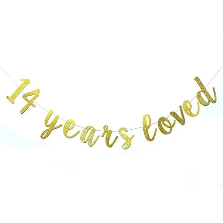 14 Years Loved Banner Sign Gold Glitter for 14th Birthday Party ...
