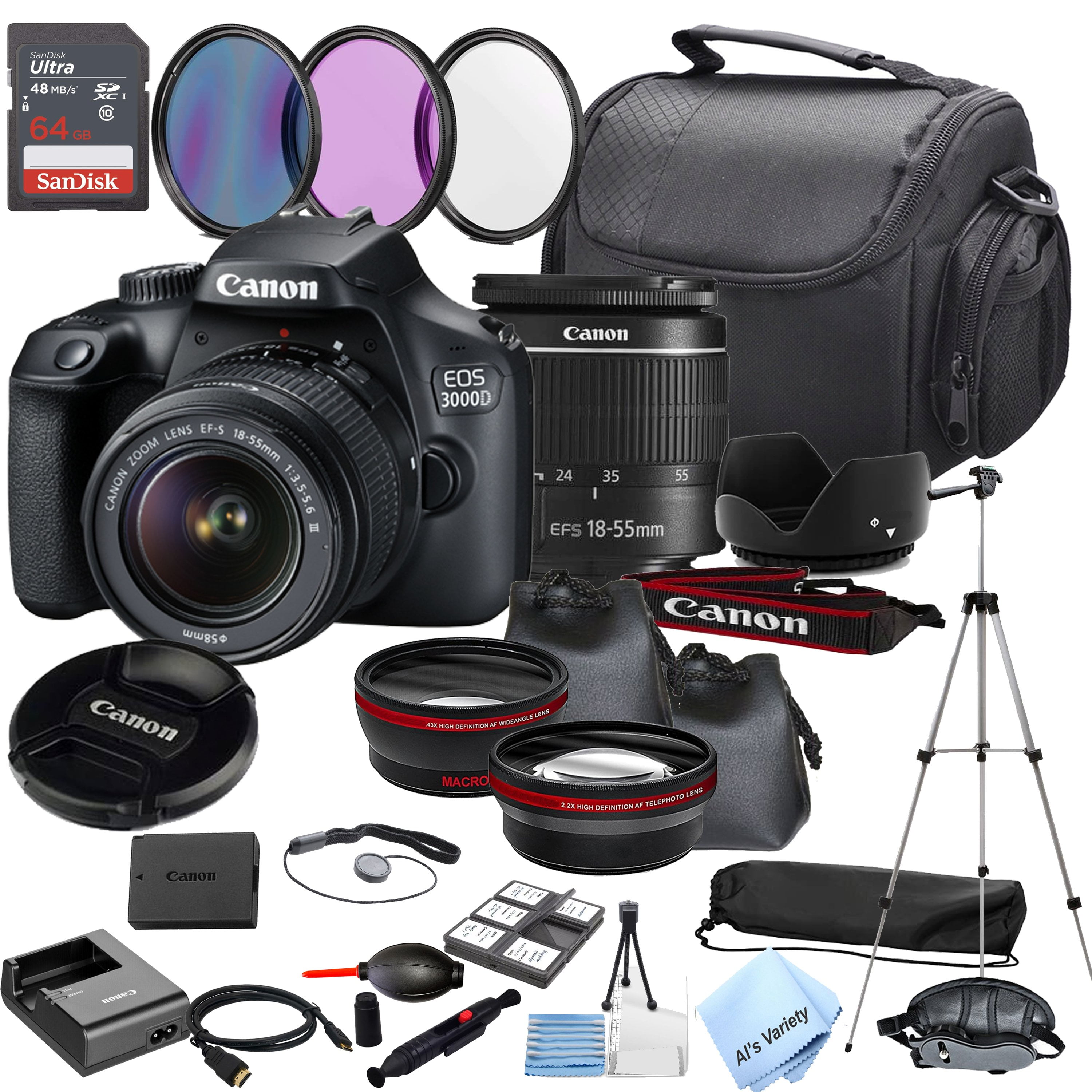 Canon EOS 3000D Rebel T100 DSLR Camera with 18-55mm Zoom Lens + 64GB ...