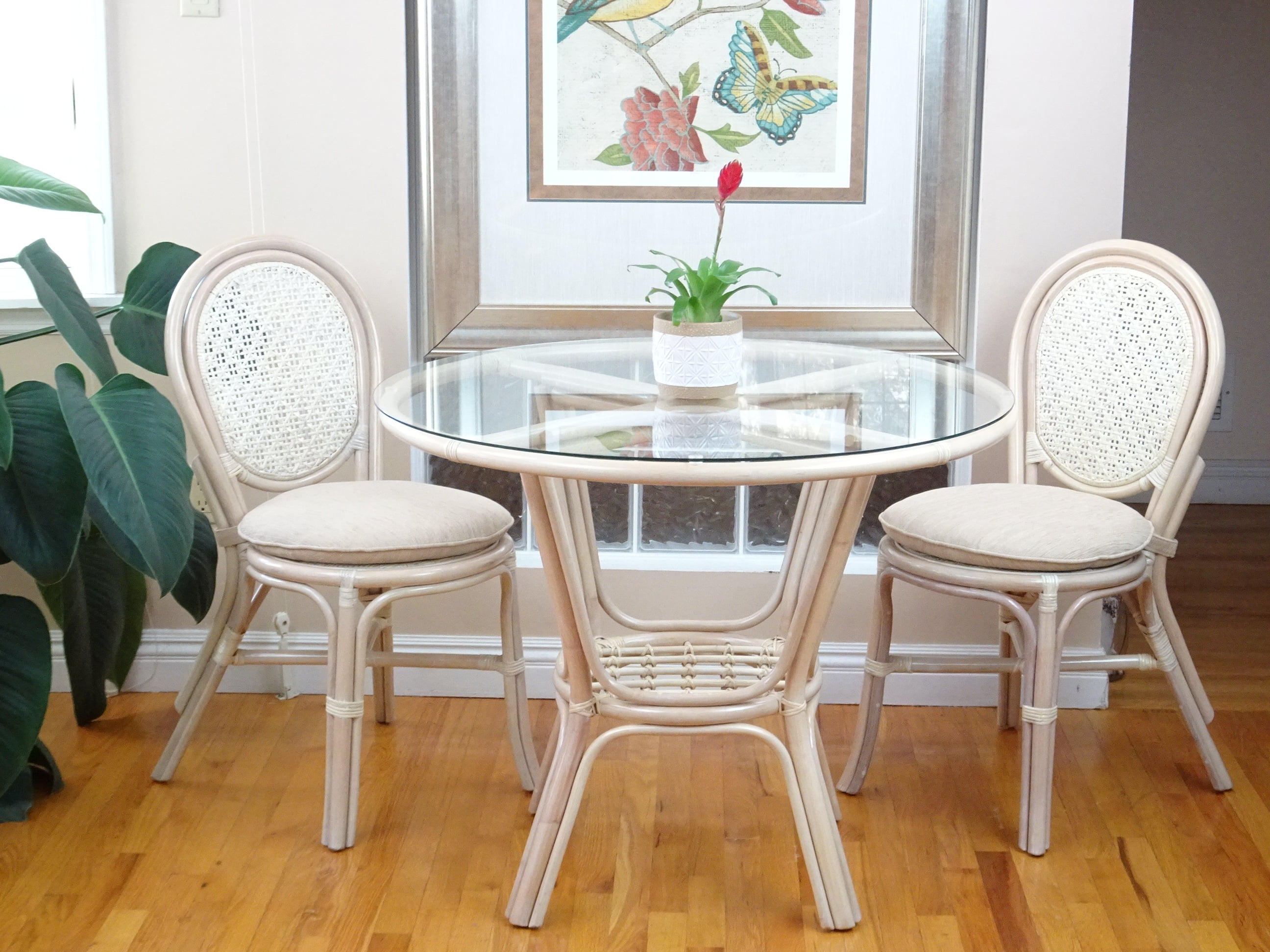 3-Pc Rattan Wicker Dining Set Round Table Glass Top and 2 Denver Side ...