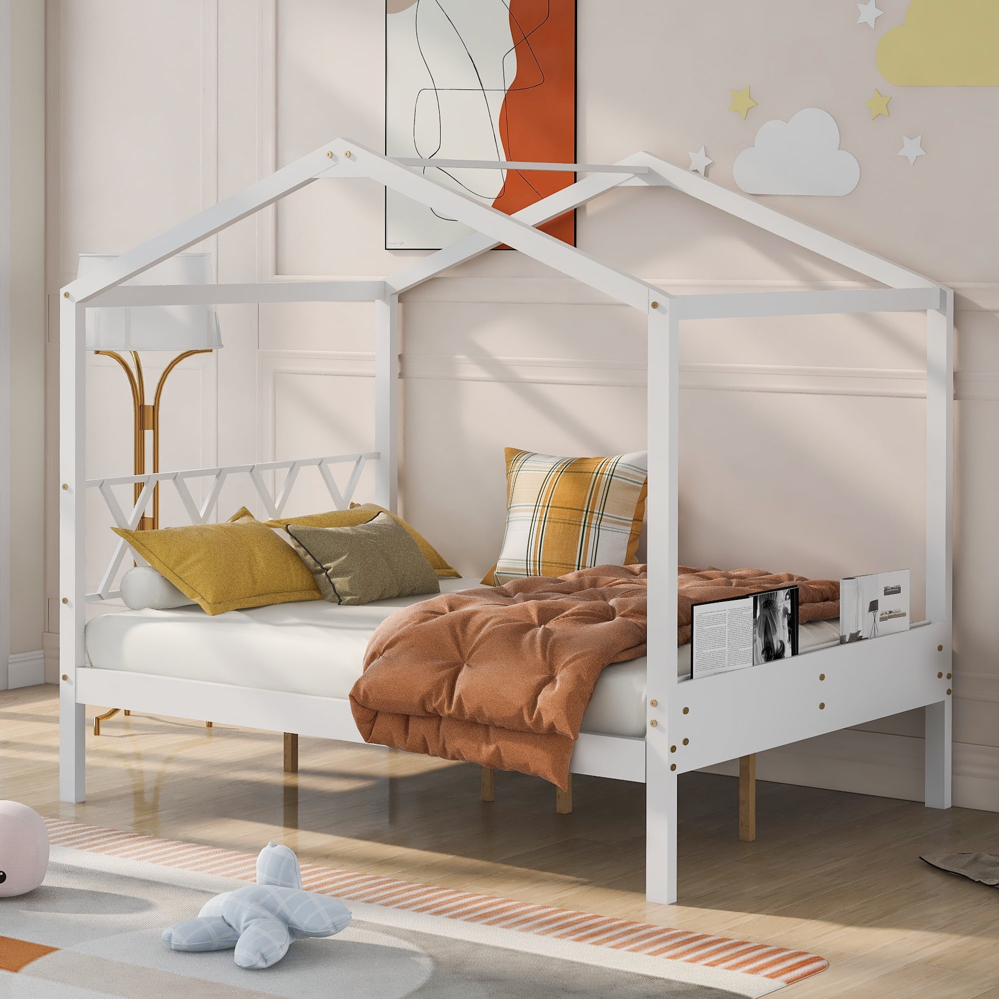 Full Size Wood House Bed with Storage Space, White - Walmart.com