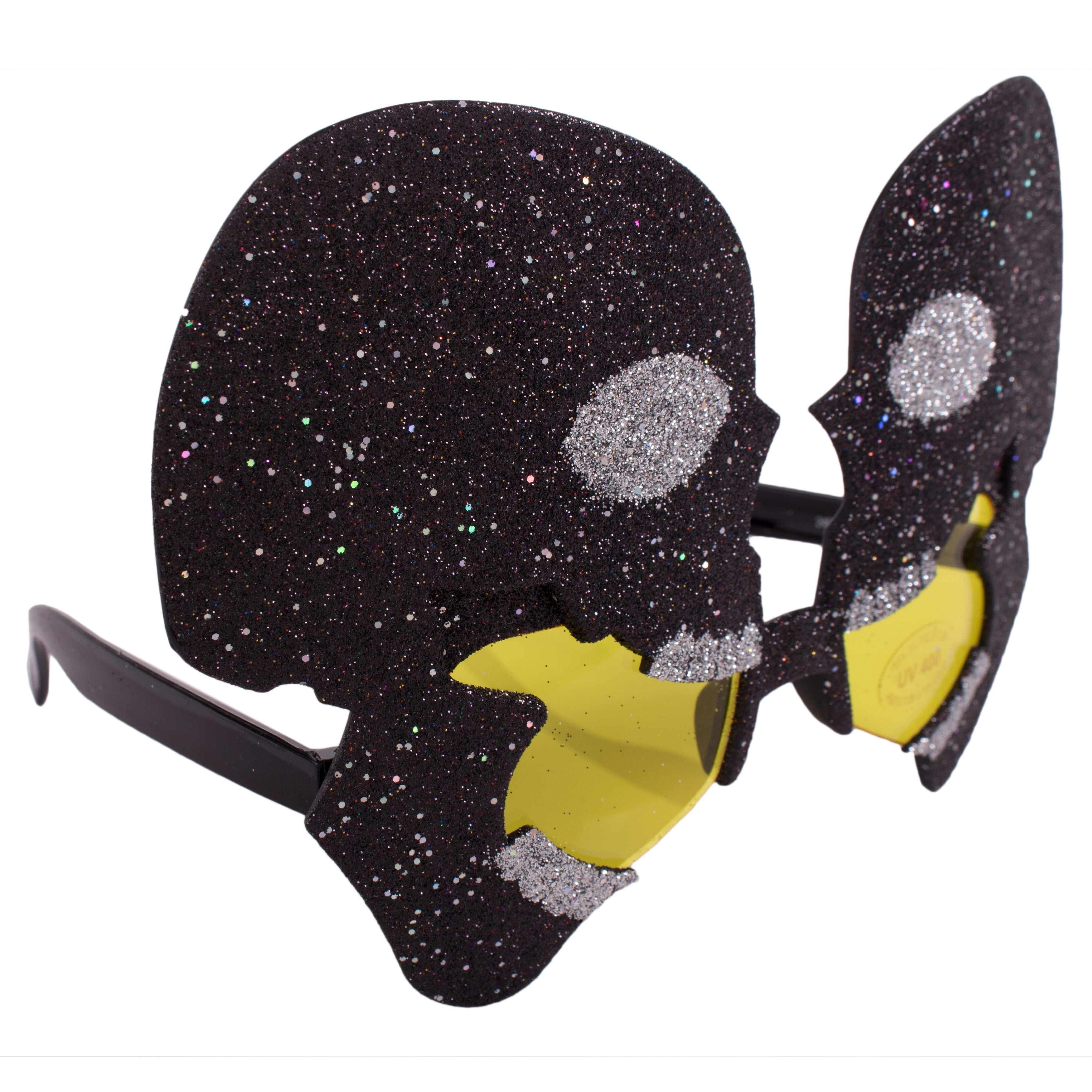 Glittery Giant Twin Skulls Costume Sunglasses Black Silver Frame Yellow Lens