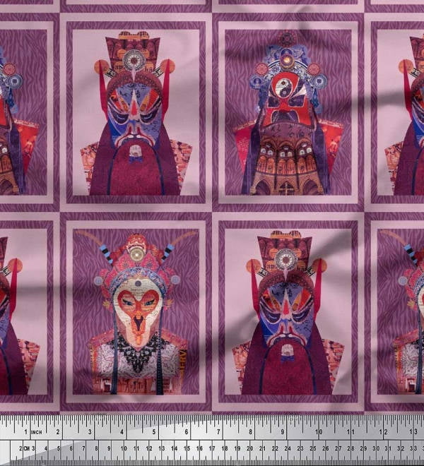 Soimoi Satin Silk Fabric Animal Skin & Chinese Opera Mask Devil Print ...