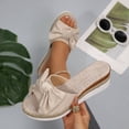 Beige Ladies Exposed Toe Wedge, Heel Slippers Solid Color Bow One Line ...