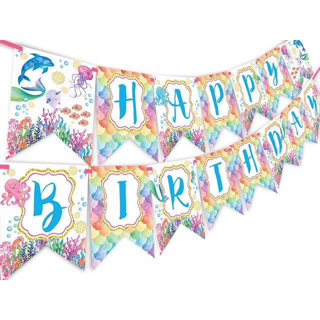 Mermaid Under the Sea Watercolor Happy Birthday Banner - Pool Party ...