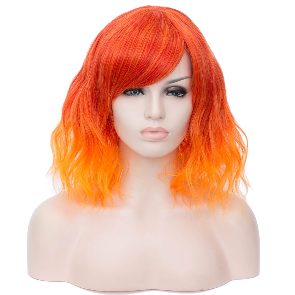 RightOn 14'' Orange Wig Short Curly Wavy Wig Ombre Orange Wig with ...