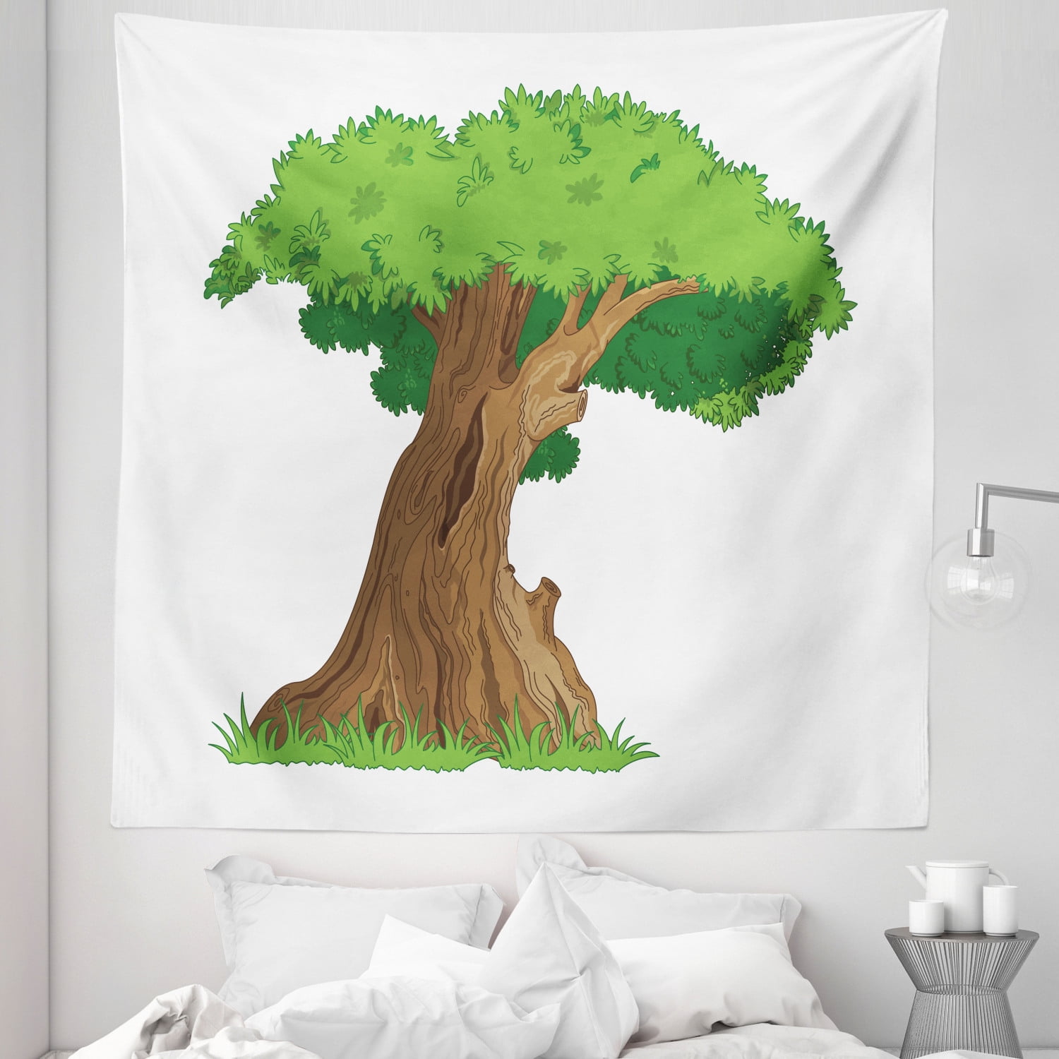 Oak Tree Tapestry, Cartoon Illustration of Woods Spring Bloom Branches ...