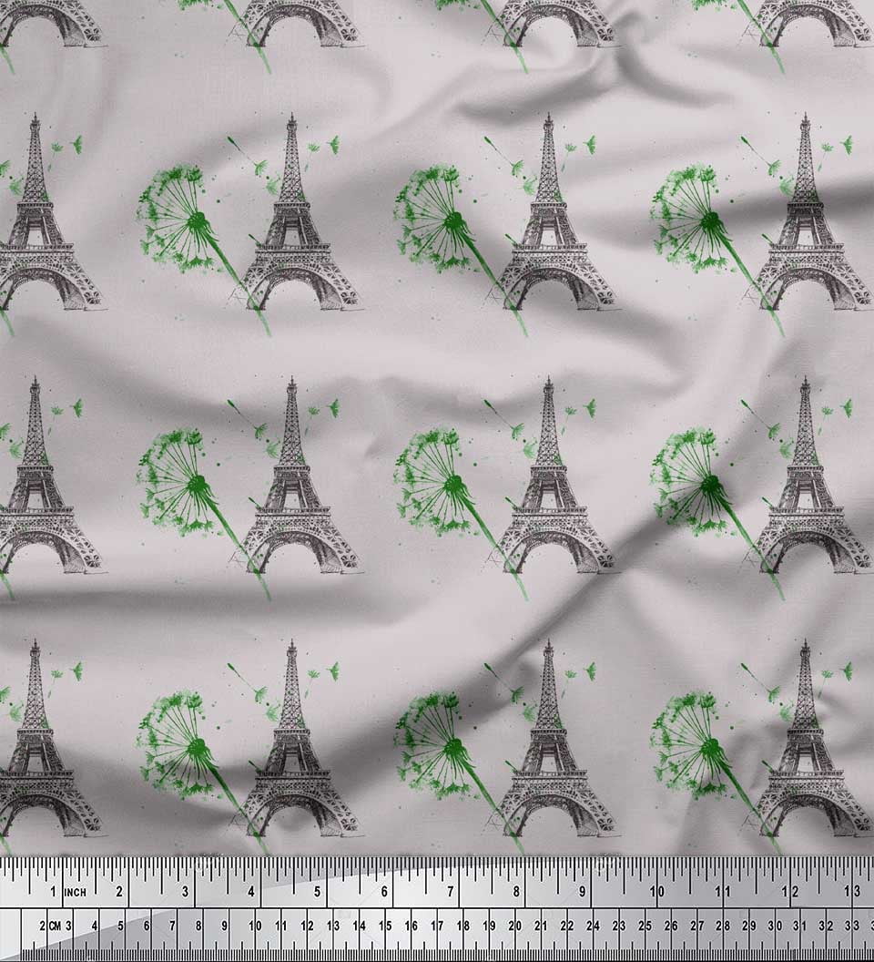 Soimoi Gray Cotton Jersey Fabric Artistic Floral & Eiffel Tower ...