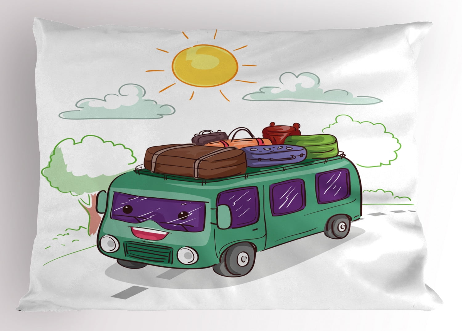 Camper Pillow Sham Bus Loaded with Luggage Cruising in the Countryside ...
