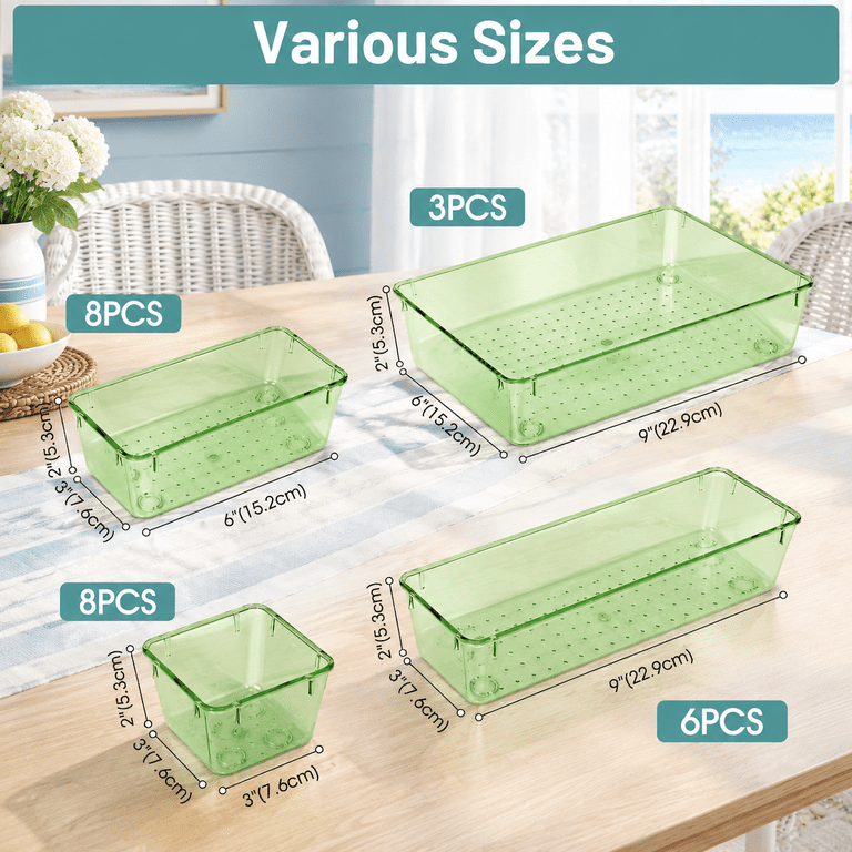 Clear Green 25-Piece Plastic Drawer Organizer Set, Multi-Size Cabinet ...