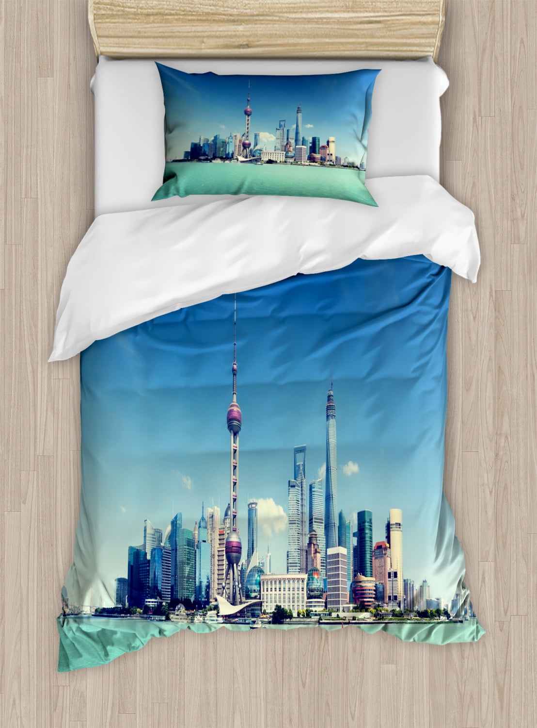 China Cityscape Duvet Cover Set Twin Size, Shanghai Skyline Pudong ...