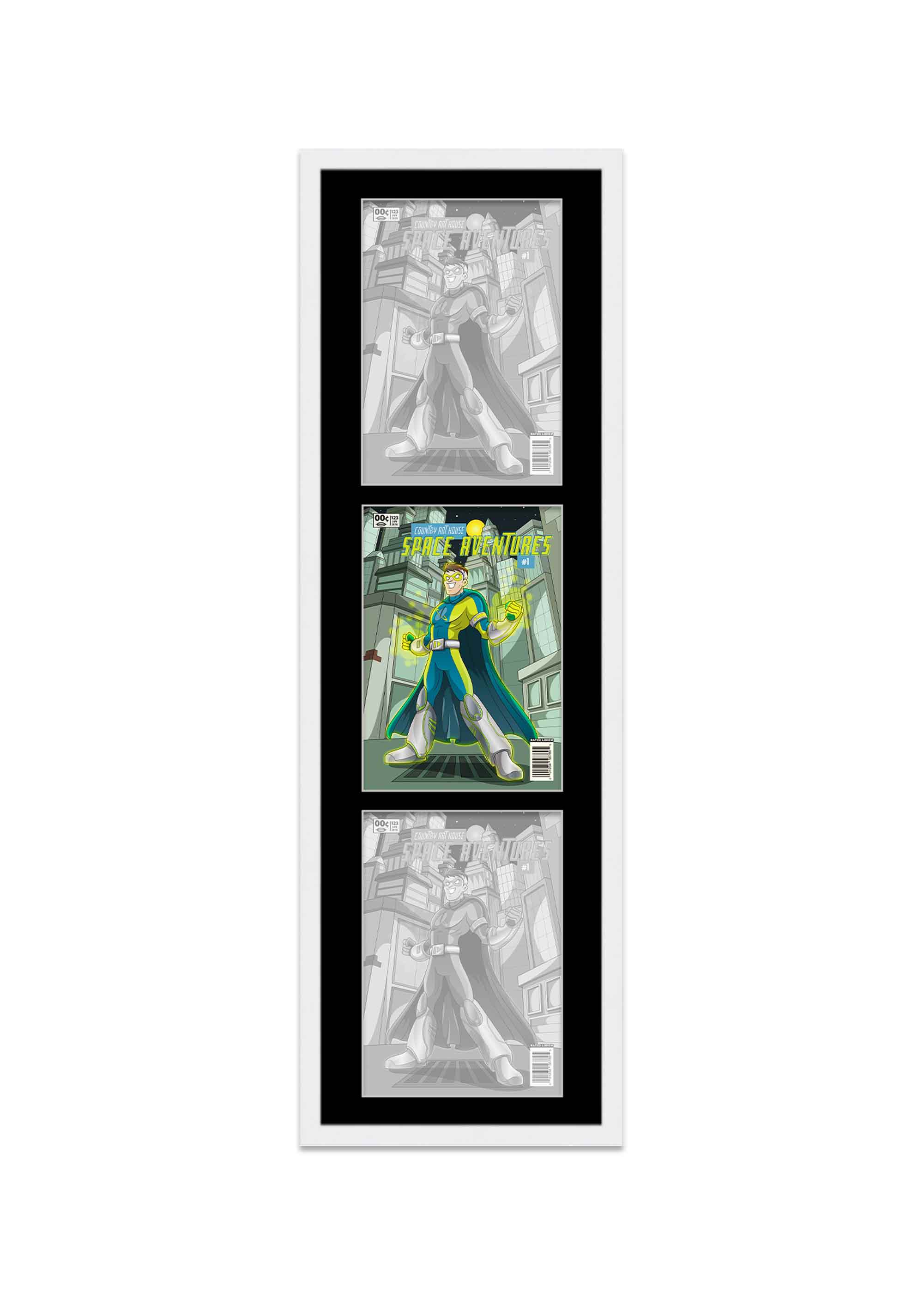 White Comic Book Frame with Black Mat - 3 Openingss to Display 3 6.875 ...
