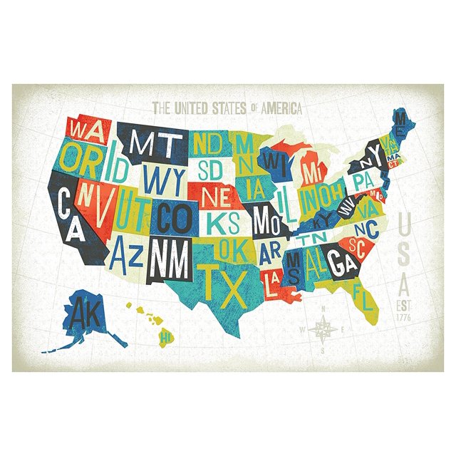 Beautiful Colorful Letterpress State Map of The United States by ...