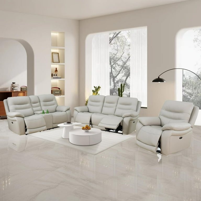 Power Reclining Sofa Set Genuine Leather Recliner Couch Set 3 Pieces Top Grain Leather Sofa with Built in USB Port for Living Room Light Grey