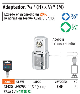 Adaptador para matraca de cuadro 3/8' a cuadro 1/2' Truper Adaptador ...