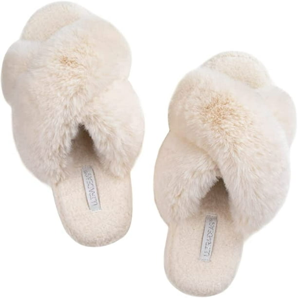 ULTRAIDEAS Women's Cross Band Fuzzy Fluffy House Shoes, Open Toe Slide Bedroom Slippers ...