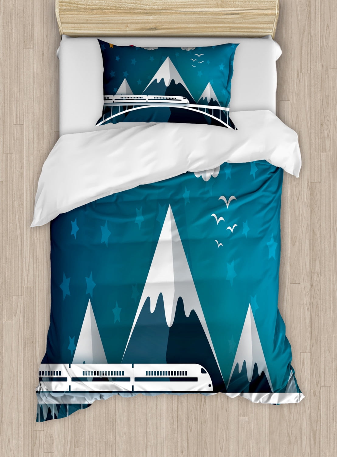 Railroad Duvet Cover Set Twin Size, Cartoon Style Mountains with Modern ...