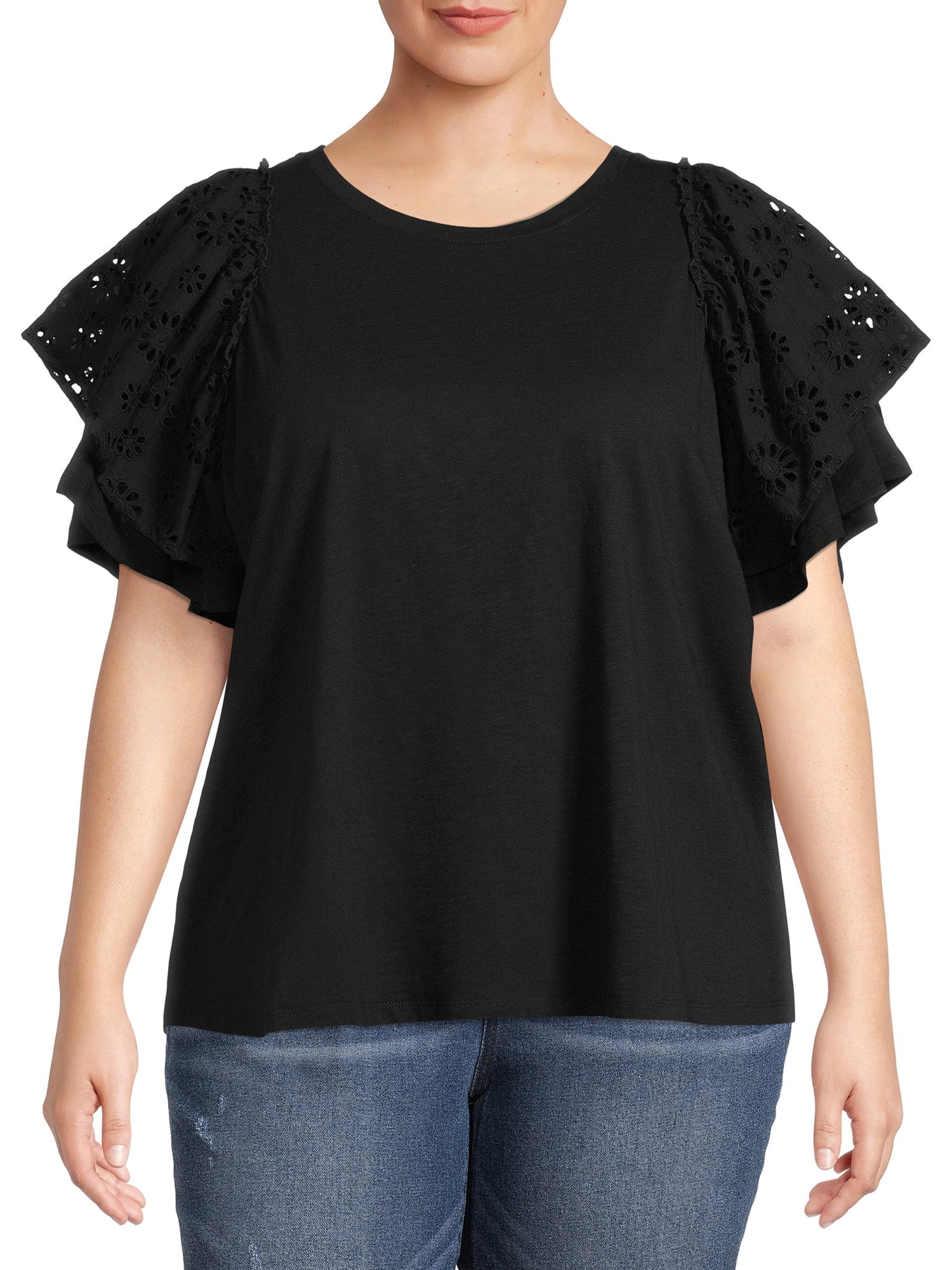 Terra & Sky Women's Plus Size Eyelet Flutter Sleeve Top - Walmart.com