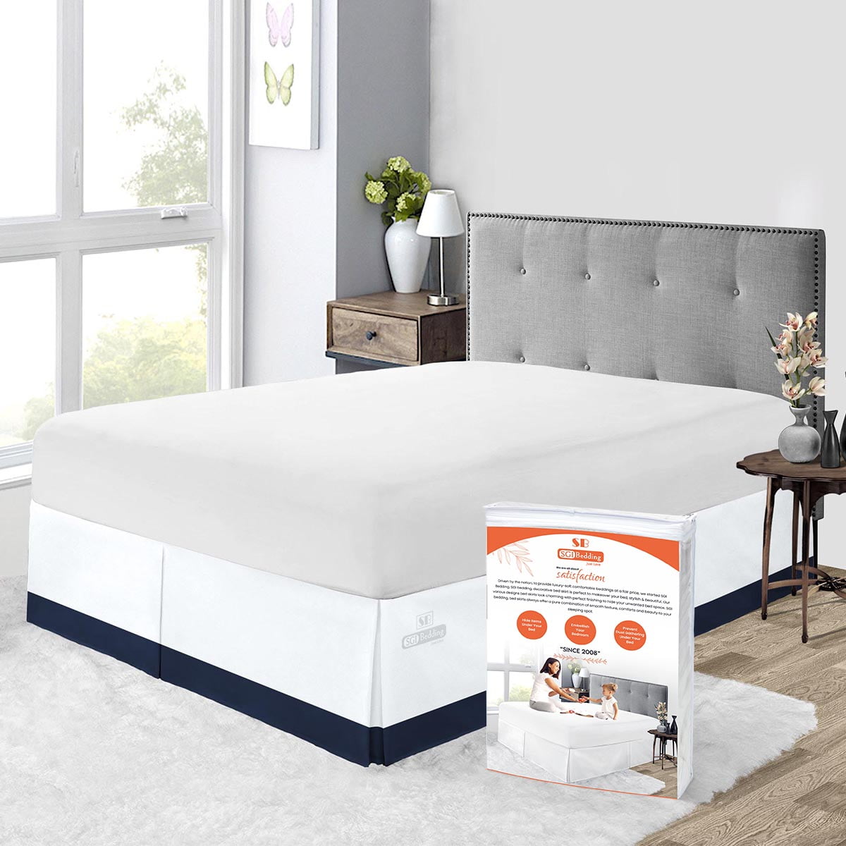 SGI Bedding 18" Drop Queen Size Navy Blue Solid Bed Skirt Split Corner ...