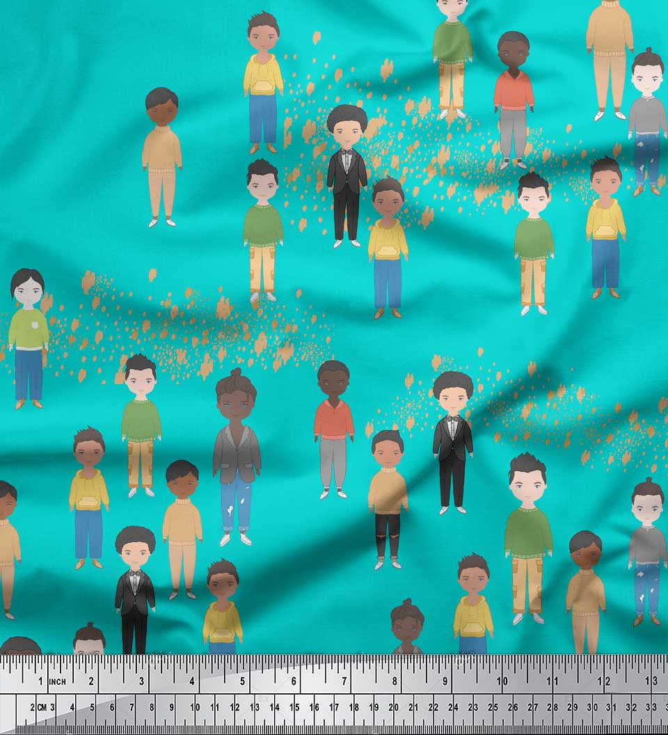 Soimoi Green Satin Silk Fabric Human Group Print Fabric by the Yard 42 ...