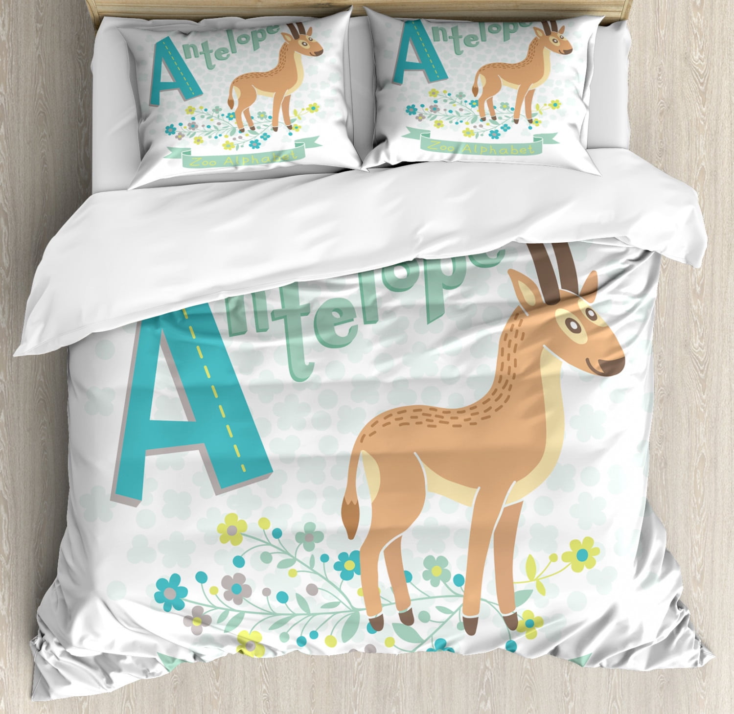 Antelope Duvet Cover Set Queen Size, Zoo Alphabet Themed Floral Graphic ...