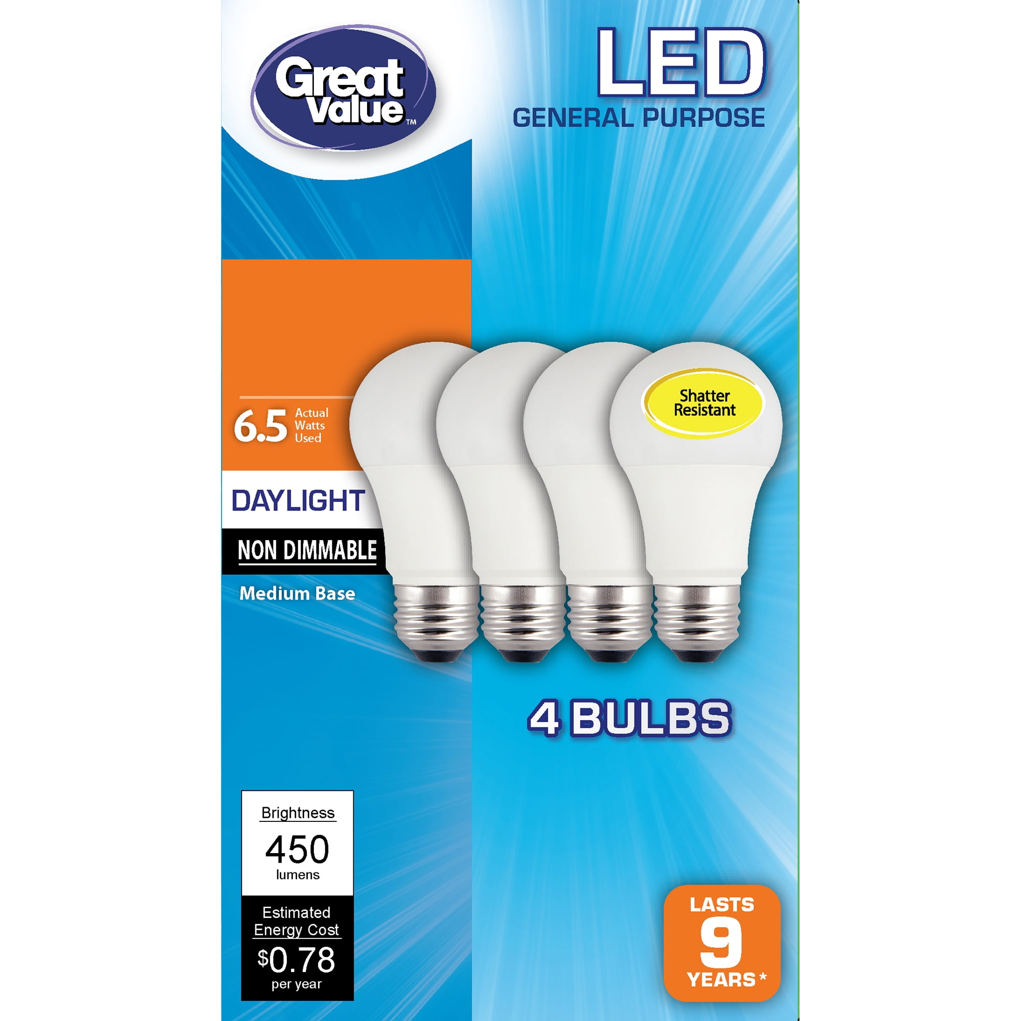 Great Value LED Light Bulb, 6.5 Watts (40W Equivalent) A19 General ...