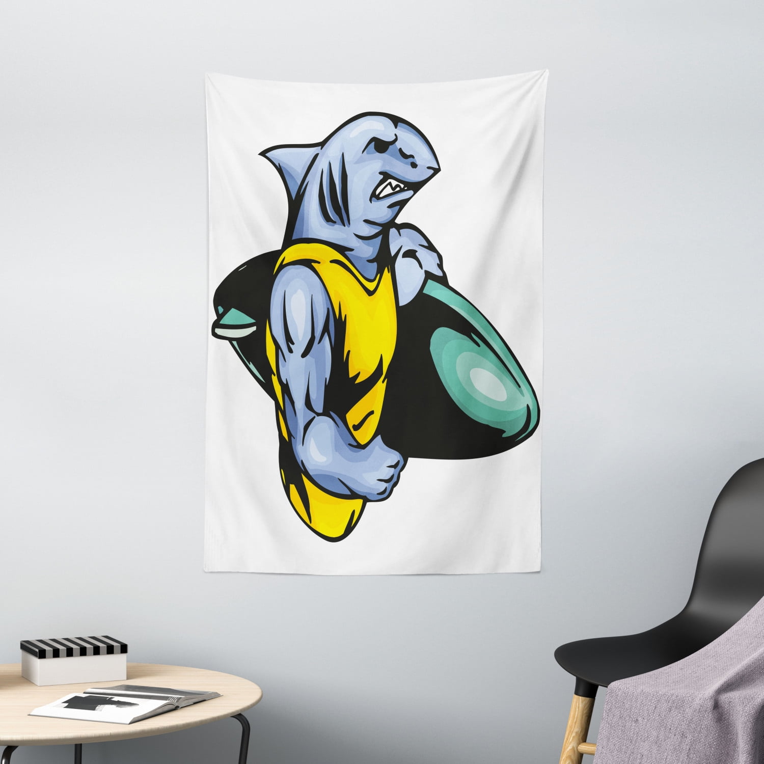 Shark Tapestry, Grumpy Surfer Shark with Muscled Body Exotic Sports ...