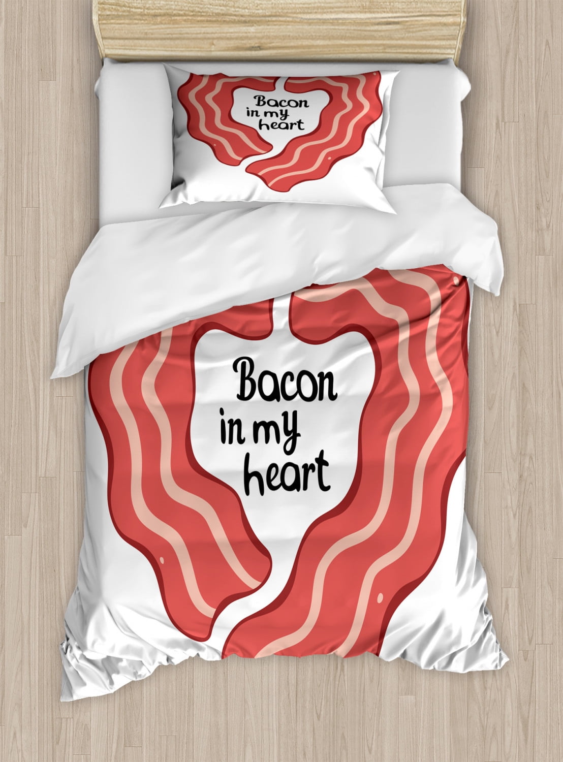 Bacon Duvet Cover Set Twin Size, Yummy Delicious Fried Bacons in Heart ...