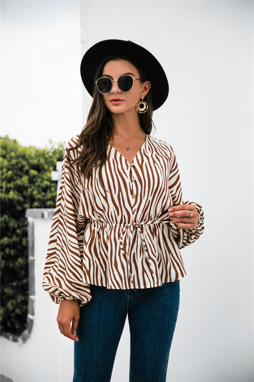 Women's Zebra Print Long Sleeve Button Top - Walmart.com