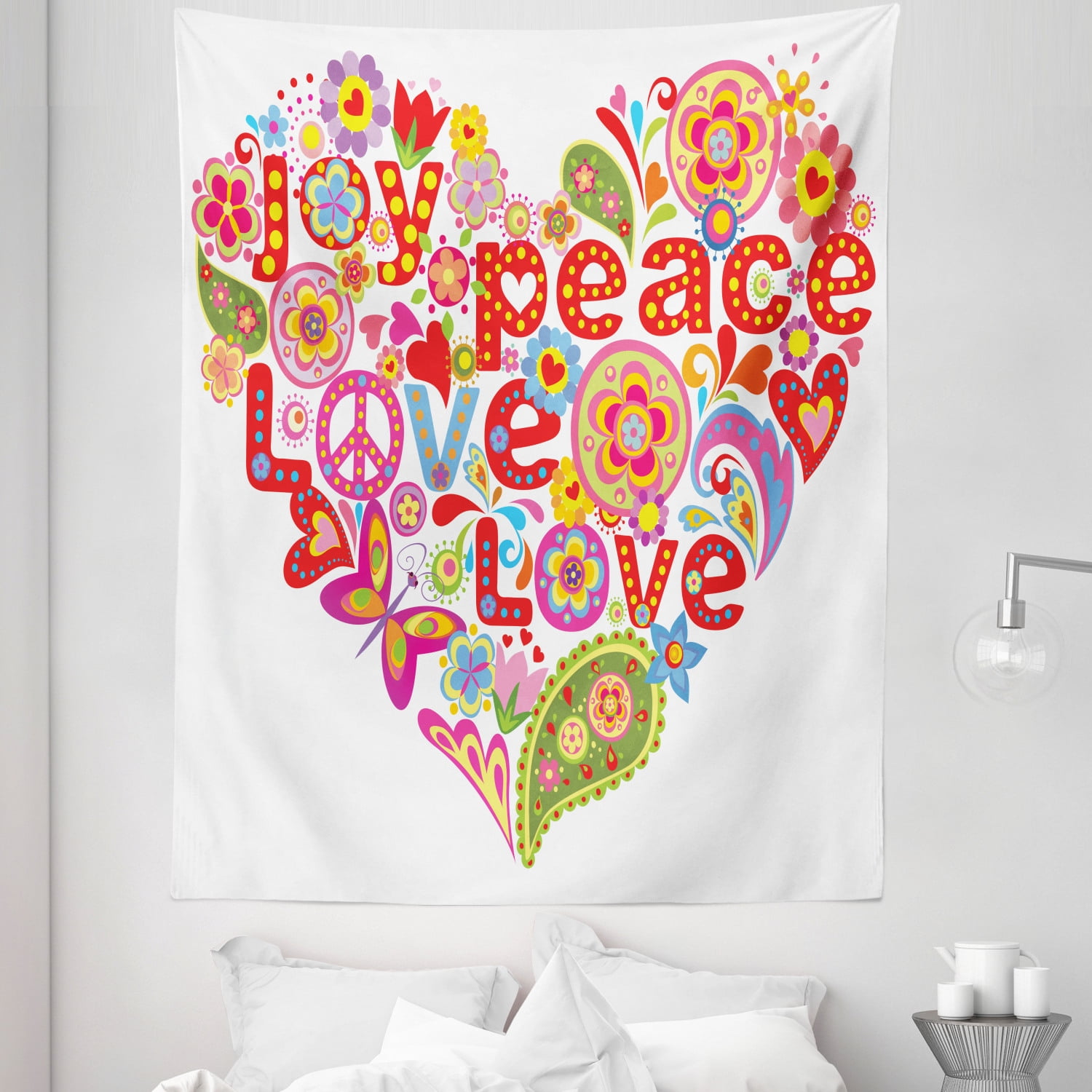 Spring Tapestry, Print with Colorful Hippie Style Floral Heart Spring ...