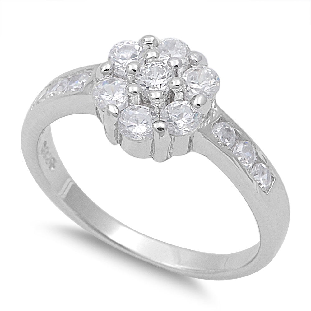 Accented Flower Cluster Center Cubic Zirconia Ring Sterling Silver 925 ...