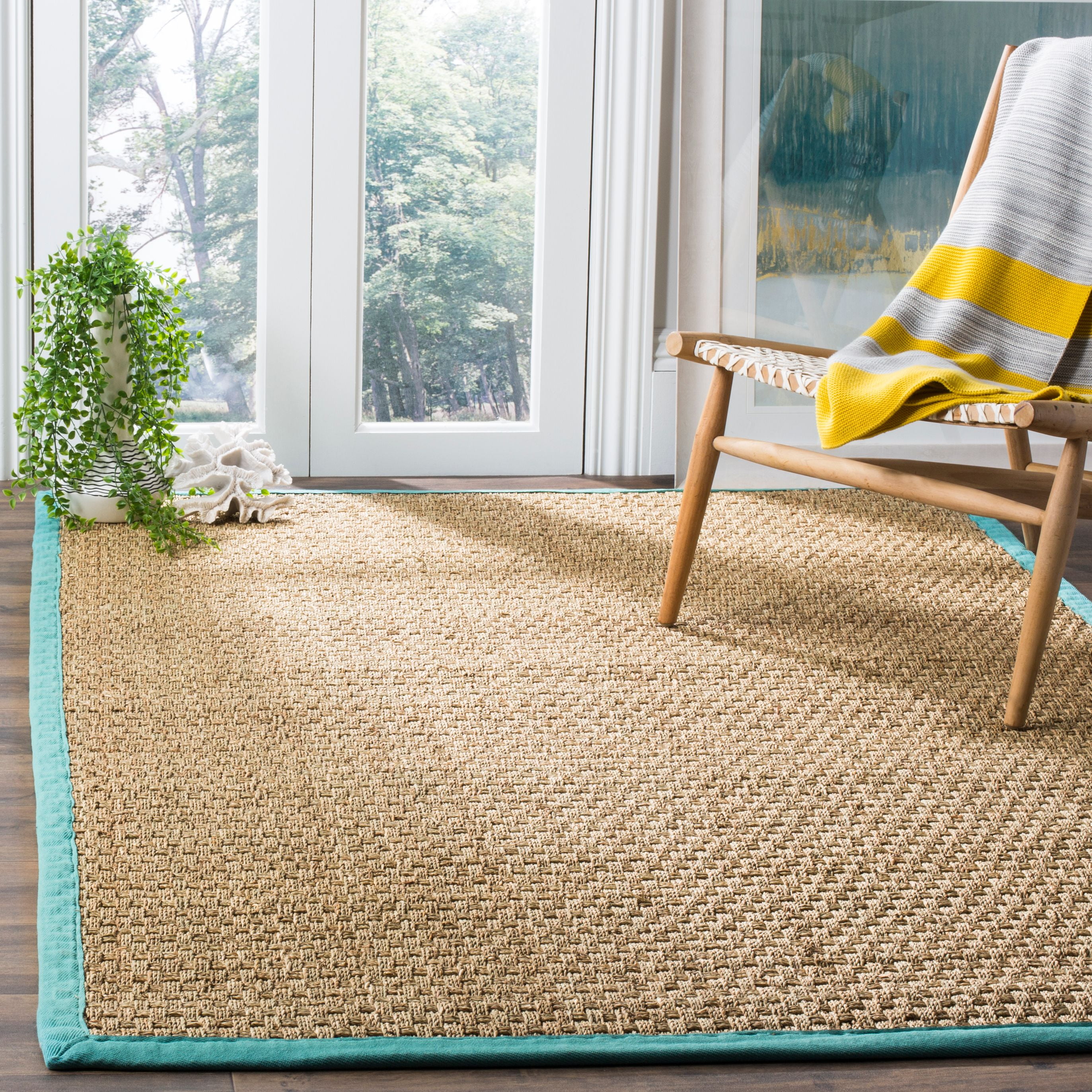 SAFAVIEH Natural Fiber Arbor Border Area Rug, Natural/Teal, 5' x 8 ...