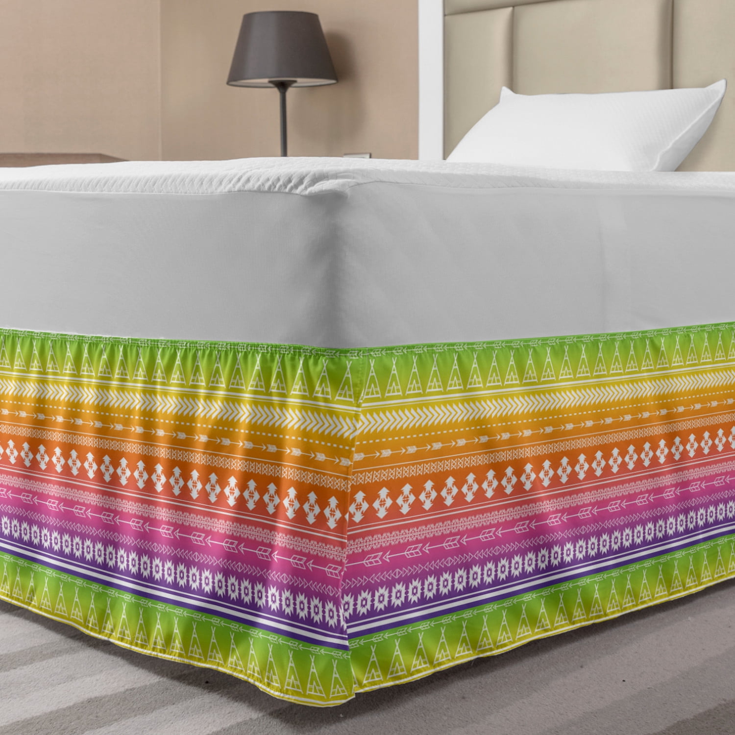 Ethnic Bed Skirt, Motifs Pattern with Tents Angled Lines on Ombre ...