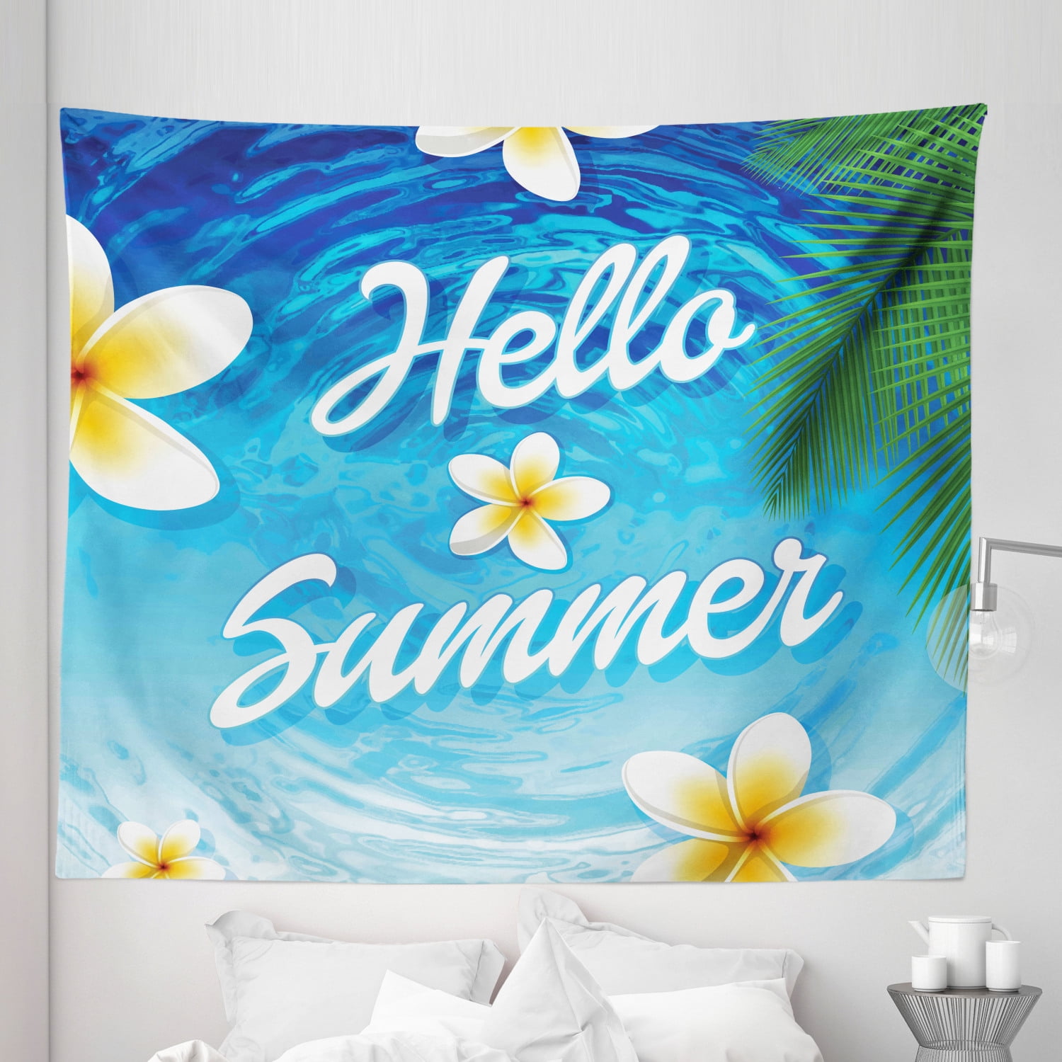 Flowers Tapestry, Hello Summer Words with Palm Tree Leaves Plumeria ...