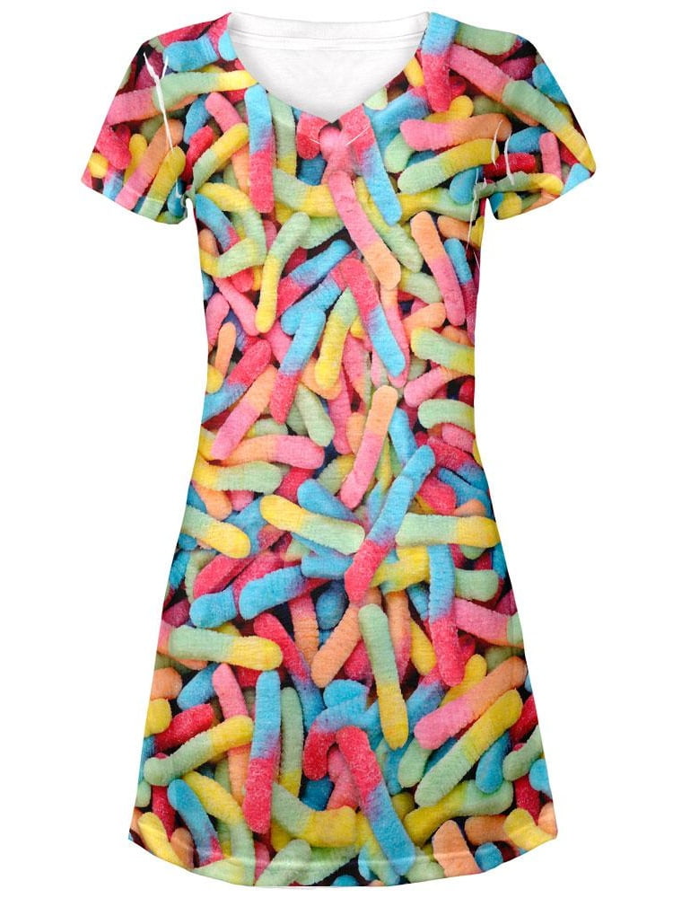 HALLOWEEN - Halloween Sour Gummy Worms All Over Juniors V-Neck Dress ...