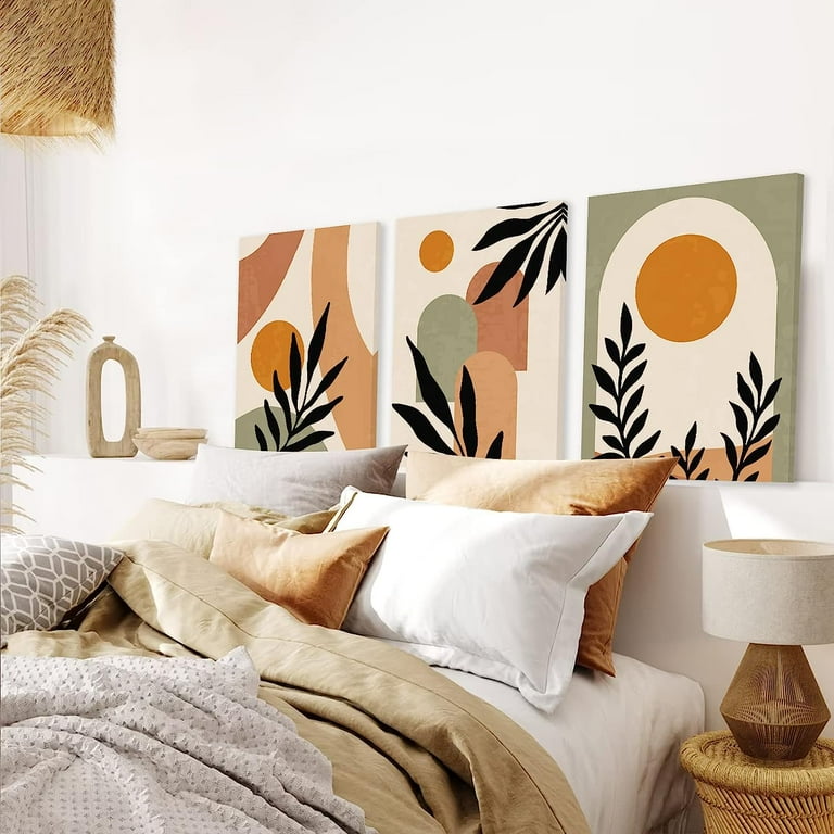 Boho Wall Art Set of 3 Boho Room Decor Mid Century Modern Wall Art Prints Framed Neutral Abstract Canvas Prints Orange Beige Green Sun Leaf