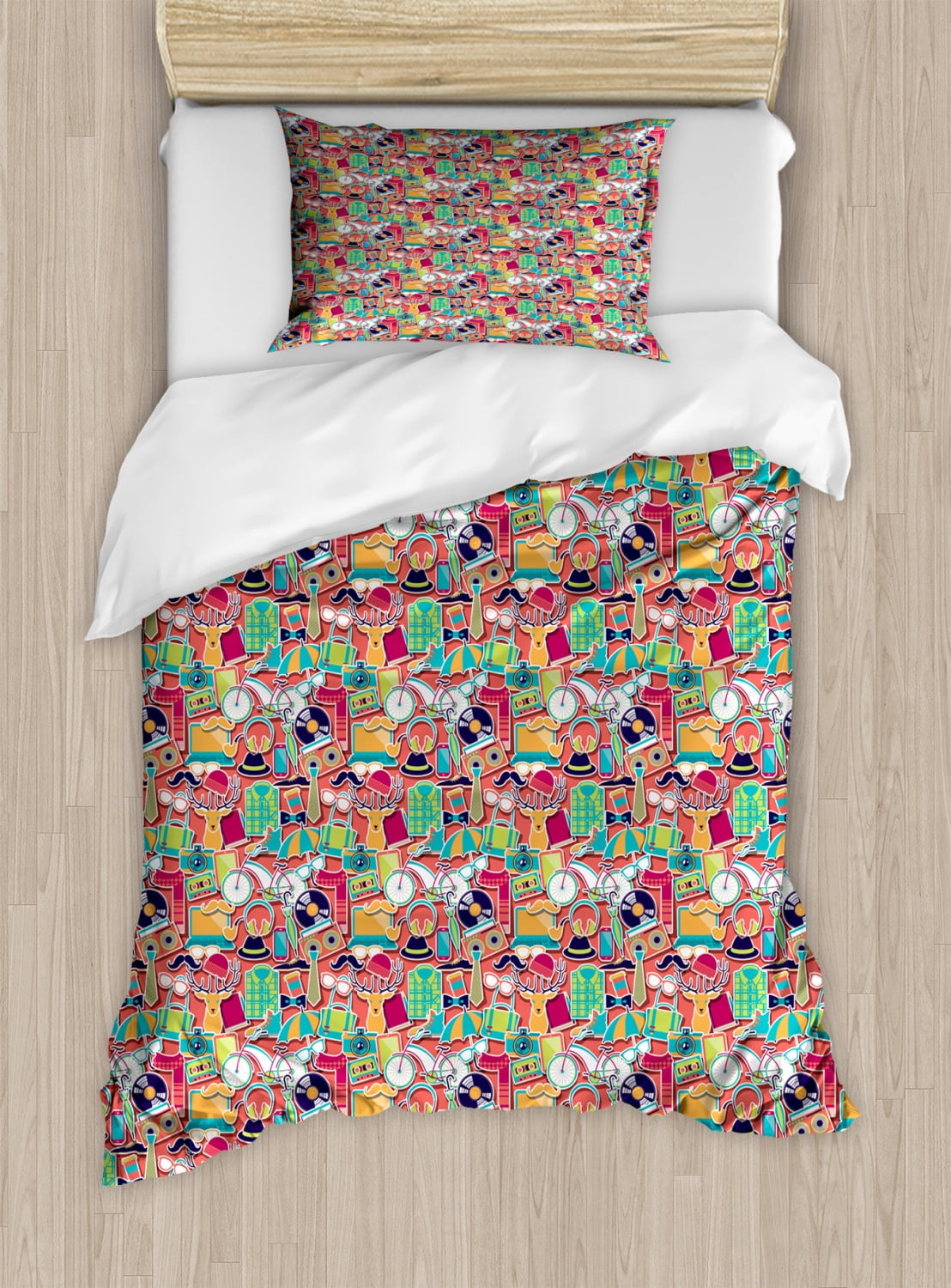 Hipster Twin Size Duvet Cover Set, Funky Pattern with Various Hipster ...