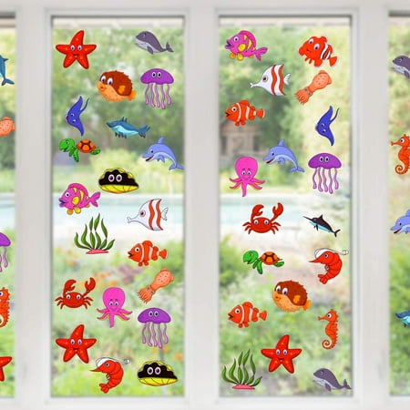 200 Pieces Ocean Theme Window Clings Decorative Sea Life Windows Decals ...
