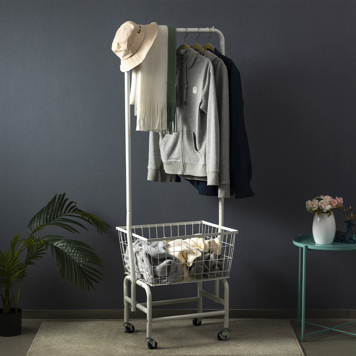 HollyHome Laundry Cart with Clothes Rack, Rolling Laundry Butler with ...