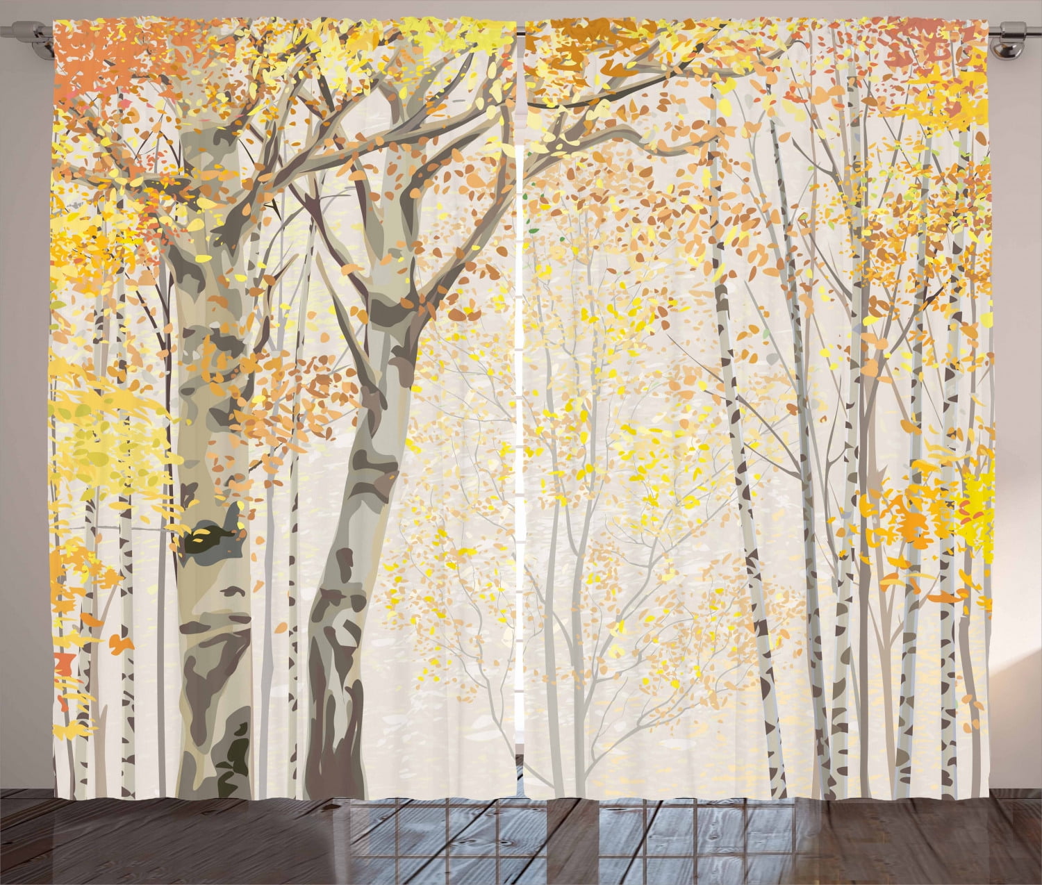Autumn Curtains 2 Panels Set, Birch Growth in the Fall Season Cartoon ...