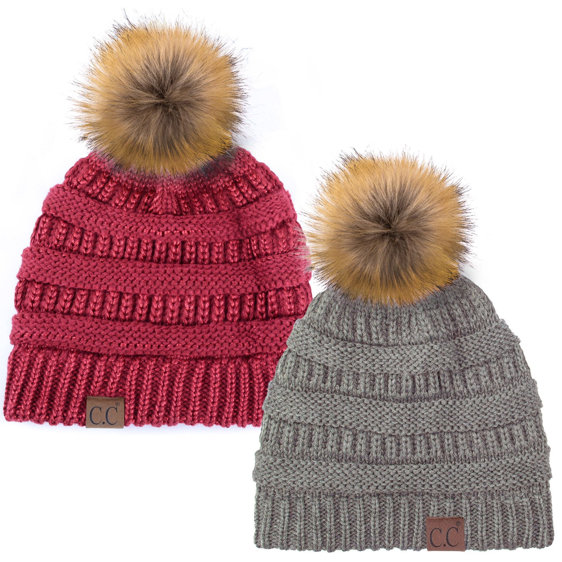 C.C Hat-43 Thick Warm Cap Hat Skully Faux Fur Pom Pom Cable Knit Beanie ...