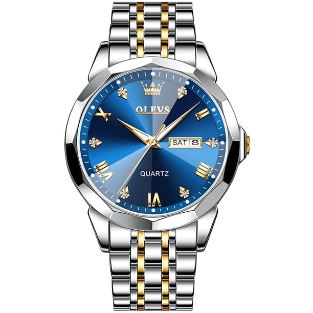 OLEVS Blue Face Watches for Men Big Dial Watch Men Day Date Diamond ...