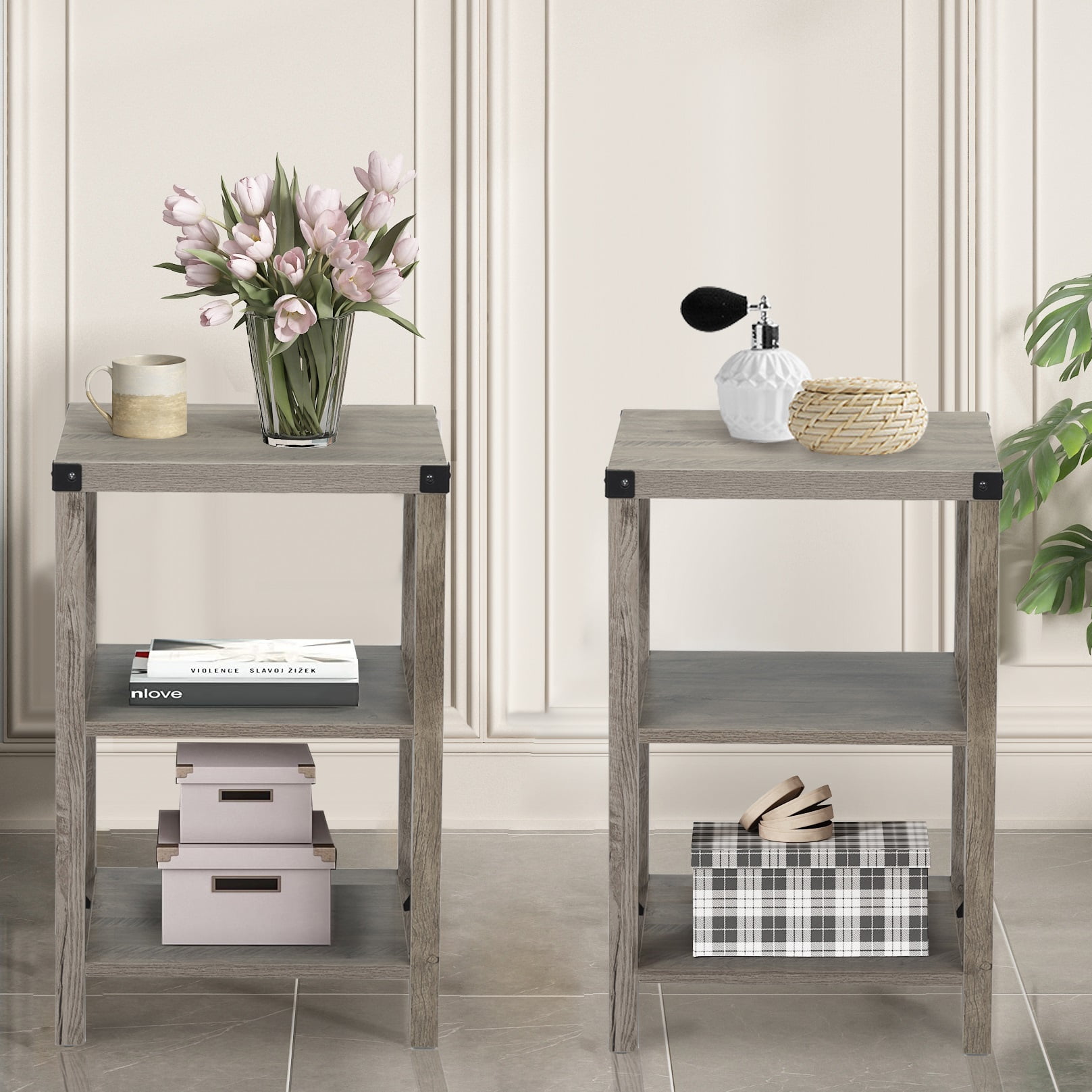 Gray 3-Tier End Table Set of 2, Farmhouse Wood Sofa Side Table with X ...