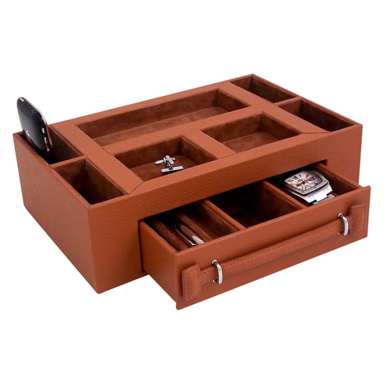 Leather Valet Box with Pen & Watch Drawer - Tan Leather - 11W x 3H in ...