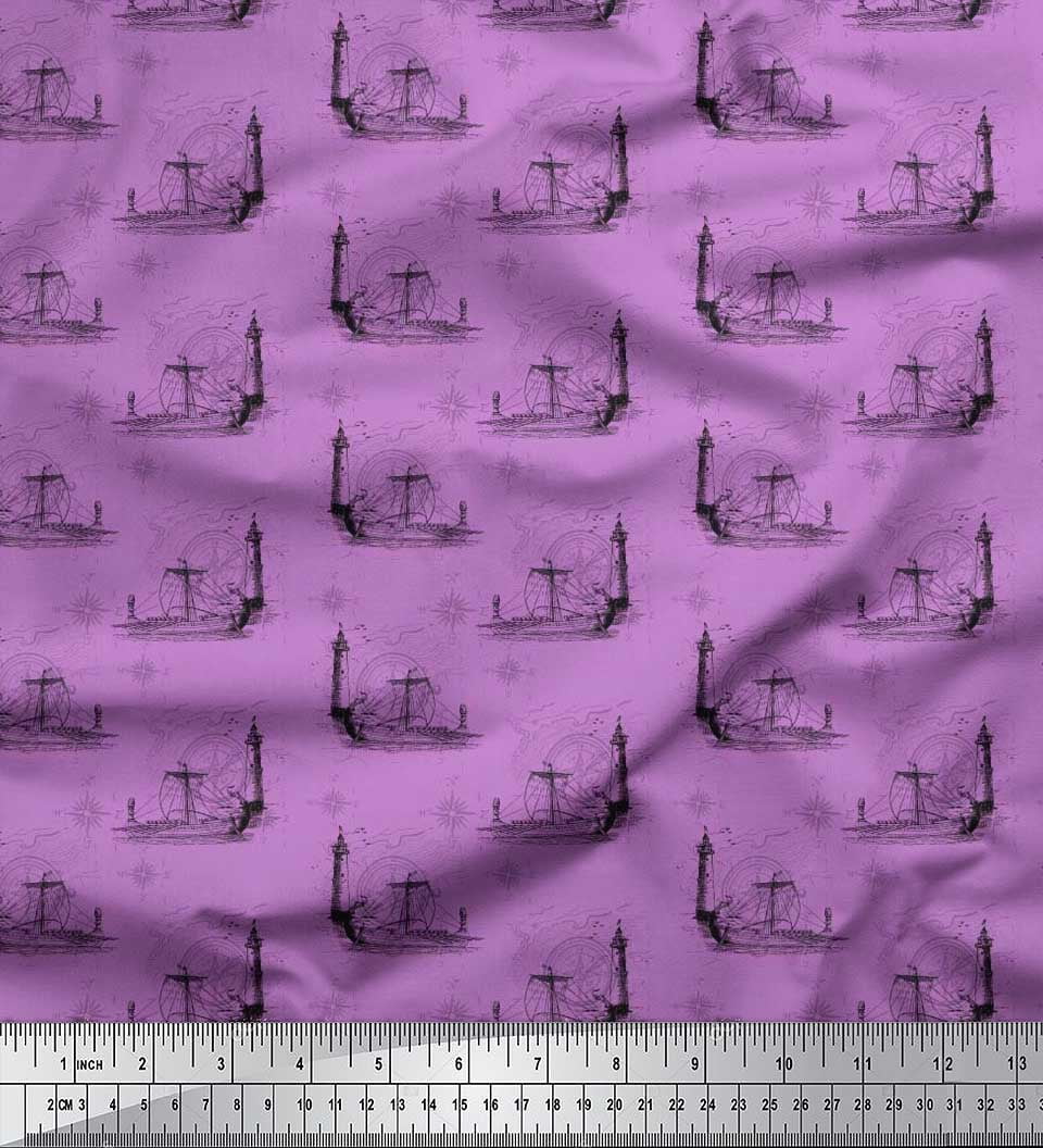 Soimoi Satin Silk Fabric Direction Compass,Lighthouse & Yacht Nautical ...