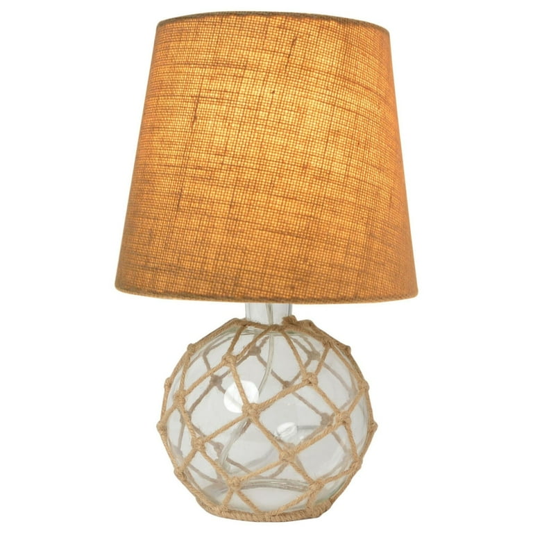Elegant Designs Buoy Rope Nautical Netted Coastal Ocean Sea Glass Table Lamp With Burlap Fabric Shade Clear