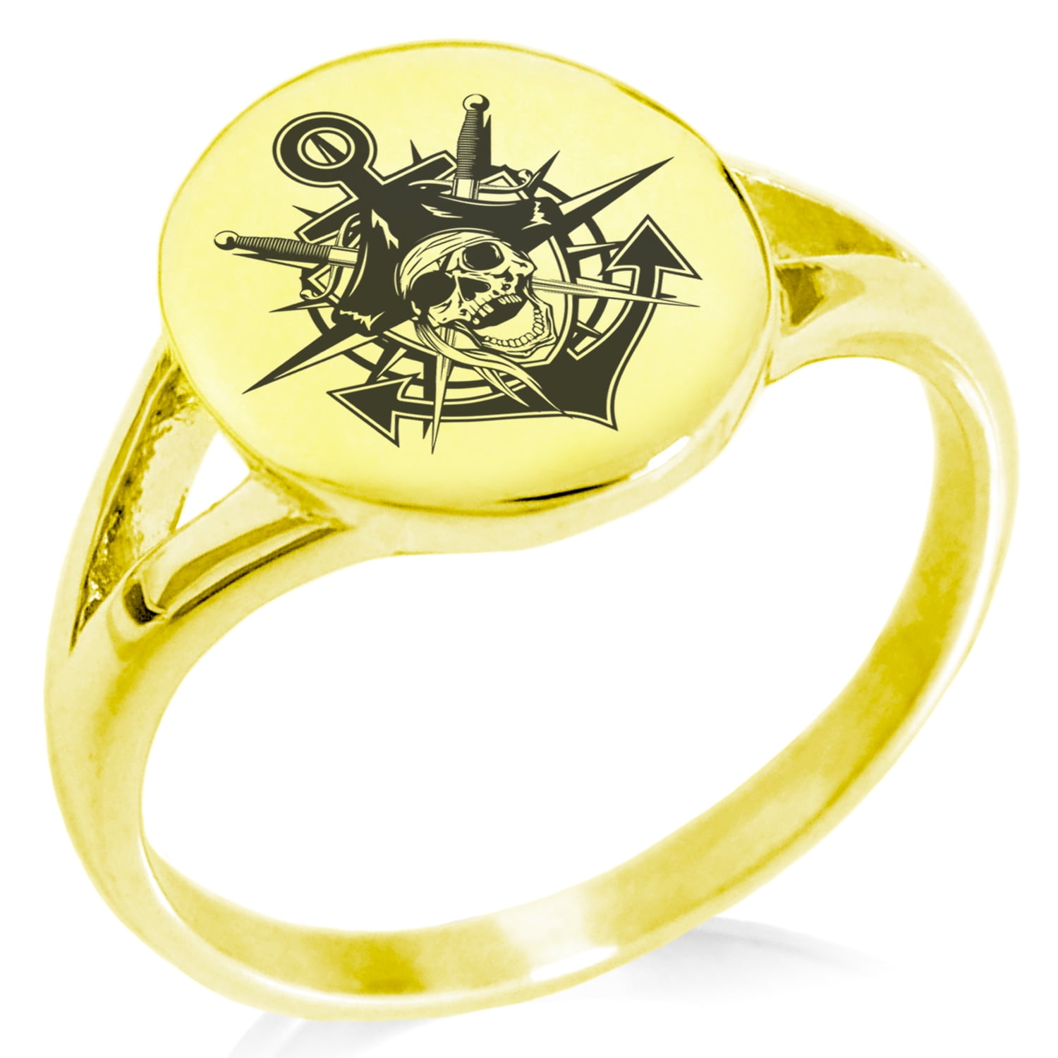 Stainless Steel Jolly Roger Pirate Skull Anchor Minimalist Oval Top ...