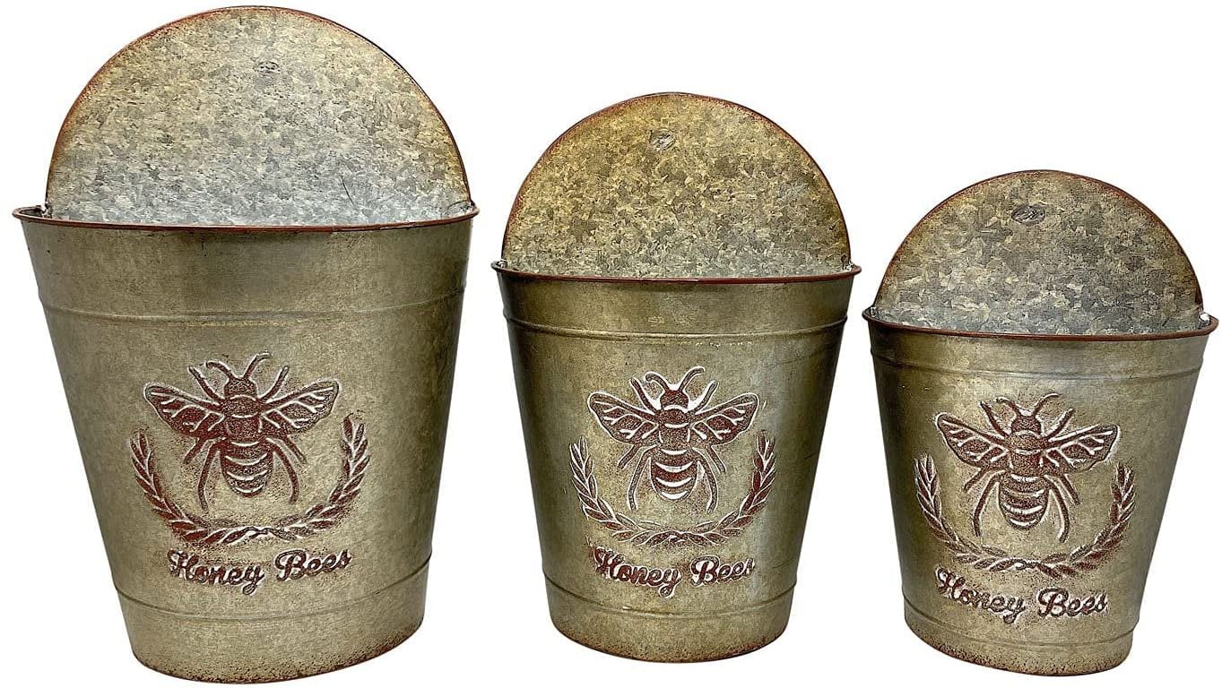 S/3 Honey Bees Design Metal Half Bucket Planter Set Galvanized Rustic ...